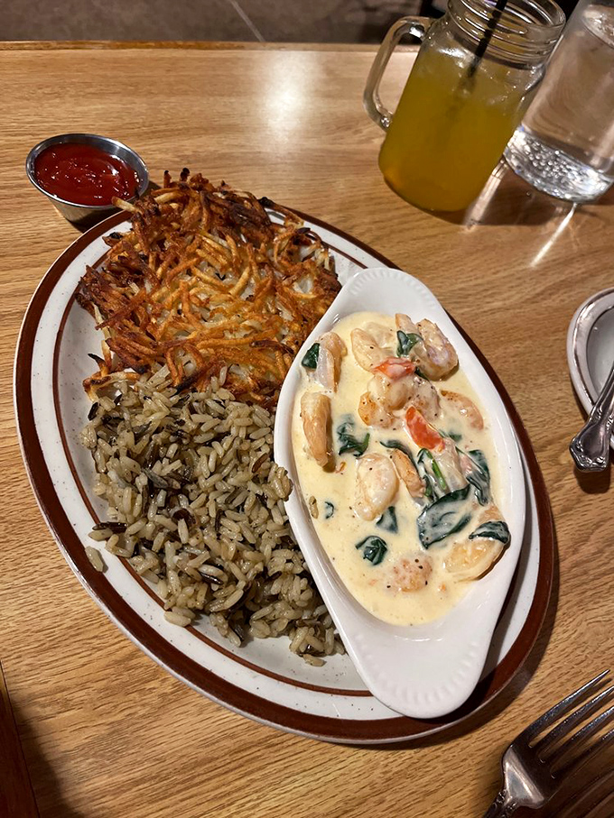 Tuscan shrimp that'll transport you to Italy faster than you can say "buon appetito." A creamy delight nestled next to perfectly crisp hash browns.
