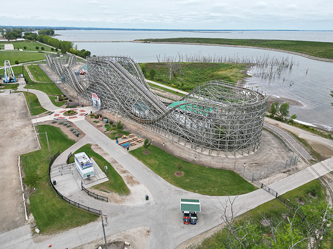 From up here, it's a wooden masterpiece by the bay. Proof that Wisconsin knows how to roll with the big leagues of fun.