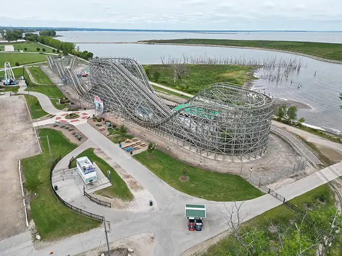 From up here, it's a wooden masterpiece by the bay. Proof that Wisconsin knows how to roll with the big leagues of fun.