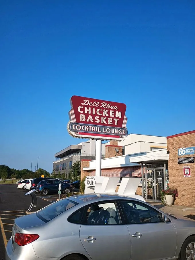 Park your appetite here! Dell Rhea's welcomes hungry travelers with a sign that's as iconic as the food waiting inside.