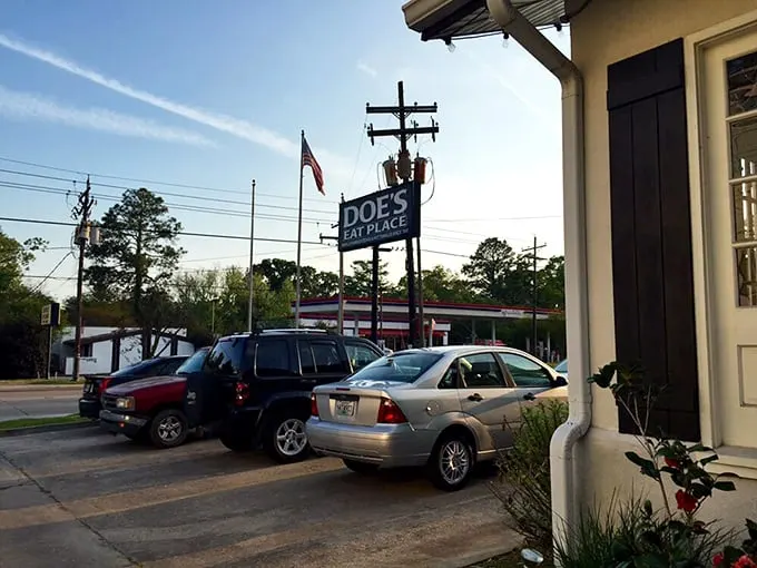 Parking at Doe's: where the real challenge begins. But trust us, navigating this lot is worth it for the meaty treasures that await inside.
