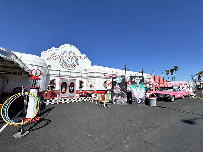 Welcome to Little Anthony's, where the 1950s never left! This diner's facade is brighter than my future after winning the lottery.