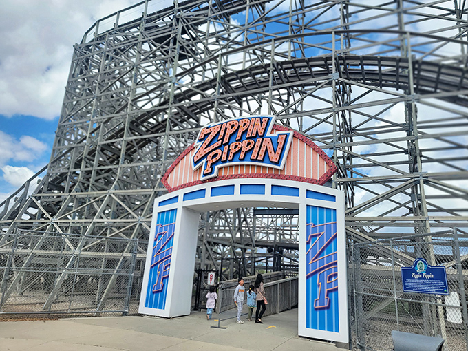 Step right up to nostalgia central! The Zippin Pippin's entrance is like a portal to simpler times, with a dash of modern excitement.