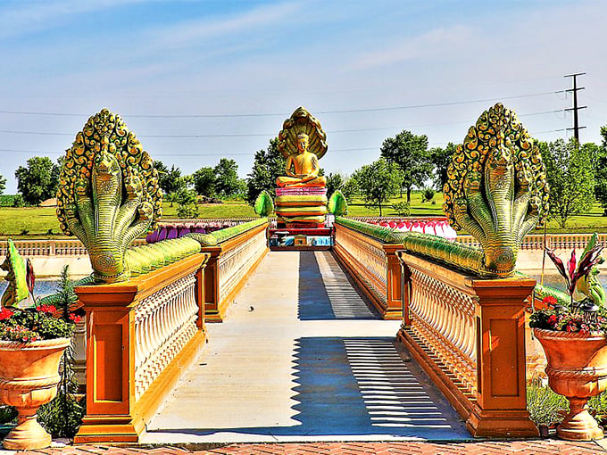 Talk about a bridge to enlightenment! This ornate walkway, guarded by mythical creatures, is your ticket to tranquility.