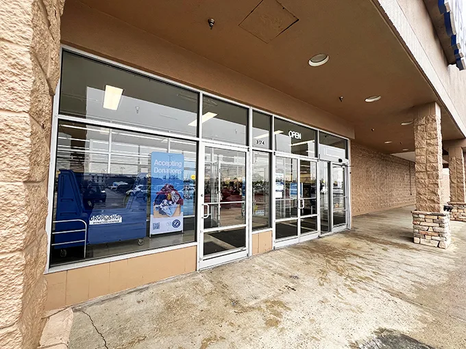 Step right up to thrift store nirvana! These glass doors are your portal to a world where yesterday's castoffs become today's must-haves.