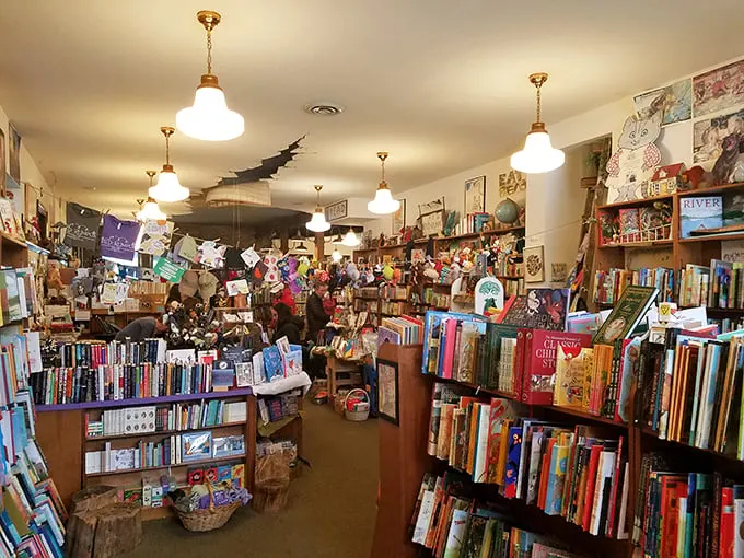 Step inside and prepare for sensory overload! Floor-to-ceiling bookshelves, quirky decorations, and… is that a shark hanging from the ceiling? Curiouser and curiouser!