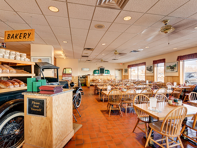 Step inside and you'll feel like you've traveled back in time. The bakery sign promises sweet delights, while the vintage decor whispers tales of road trips past.