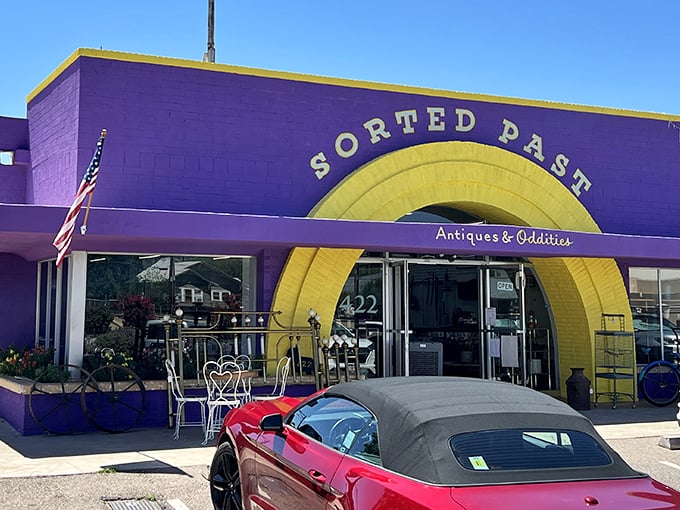 Sorted Past: Bisbee's purple paradise of peculiarities! This vibrant storefront promises a journey through time and taste – mostly questionable taste.
