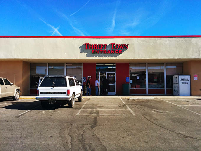 Step right up to Thrift Town's bargain bonanza! This no-frills facade conceals a world of wallet-friendly wonders.