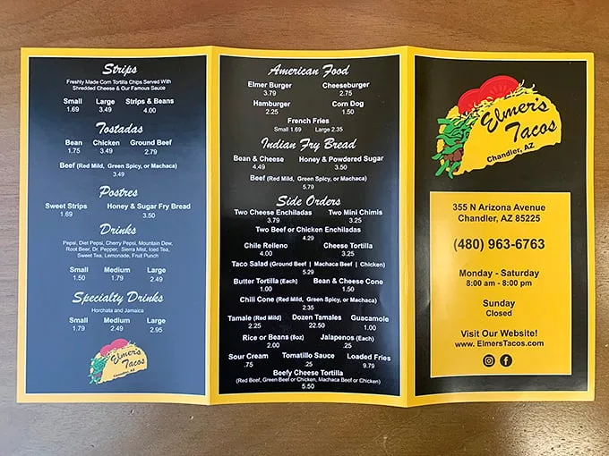 Decisions, decisions! Elmer's menu is like a treasure map for your taste buds, with hidden gems waiting to be discovered.