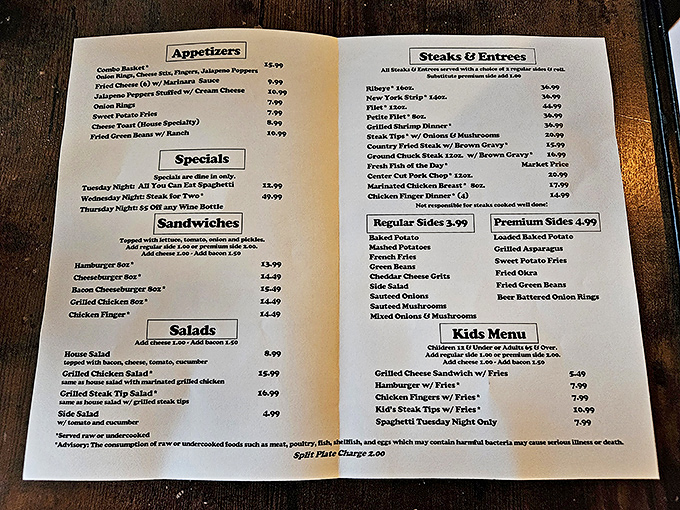 Behold, the sacred text of meat lovers! This menu is a roadmap to flavor town, with detours through comfort food alley.