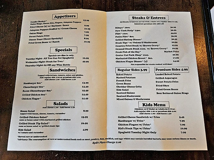 Behold, the sacred text of meat lovers! This menu is a roadmap to flavor town, with detours through comfort food alley.