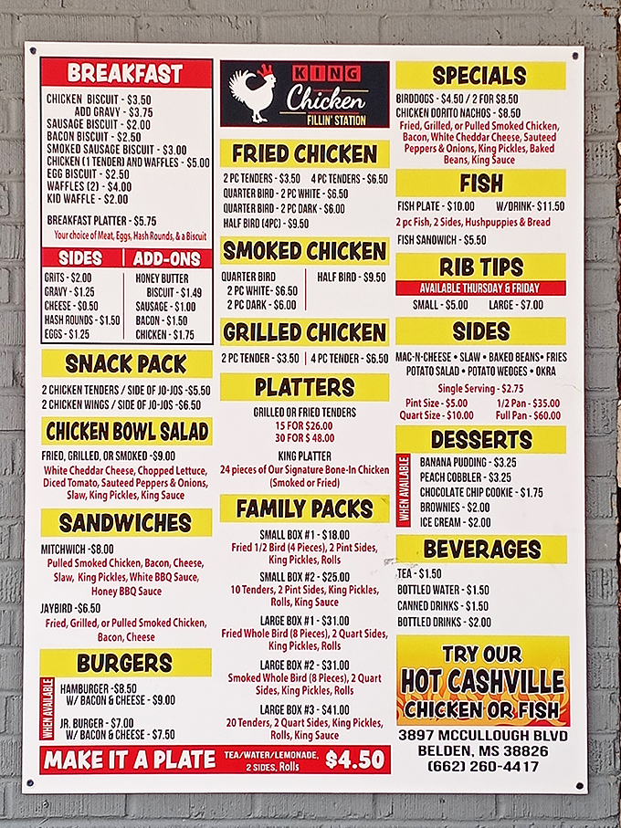This menu isn't just a list, it's a love letter to poultry. From breakfast to dinner, chicken reigns supreme in every form imaginable.