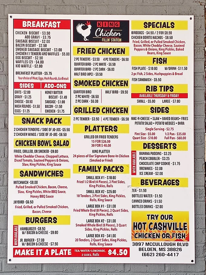 This menu isn't just a list, it's a love letter to poultry. From breakfast to dinner, chicken reigns supreme in every form imaginable.