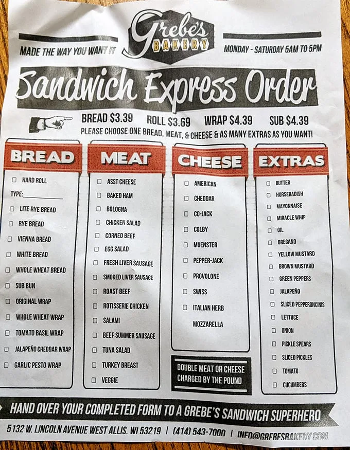 Behold, the choose-your-own-adventure of sandwiches! Grebe's menu is a treasure map where X marks the spot for your perfect lunch combo.