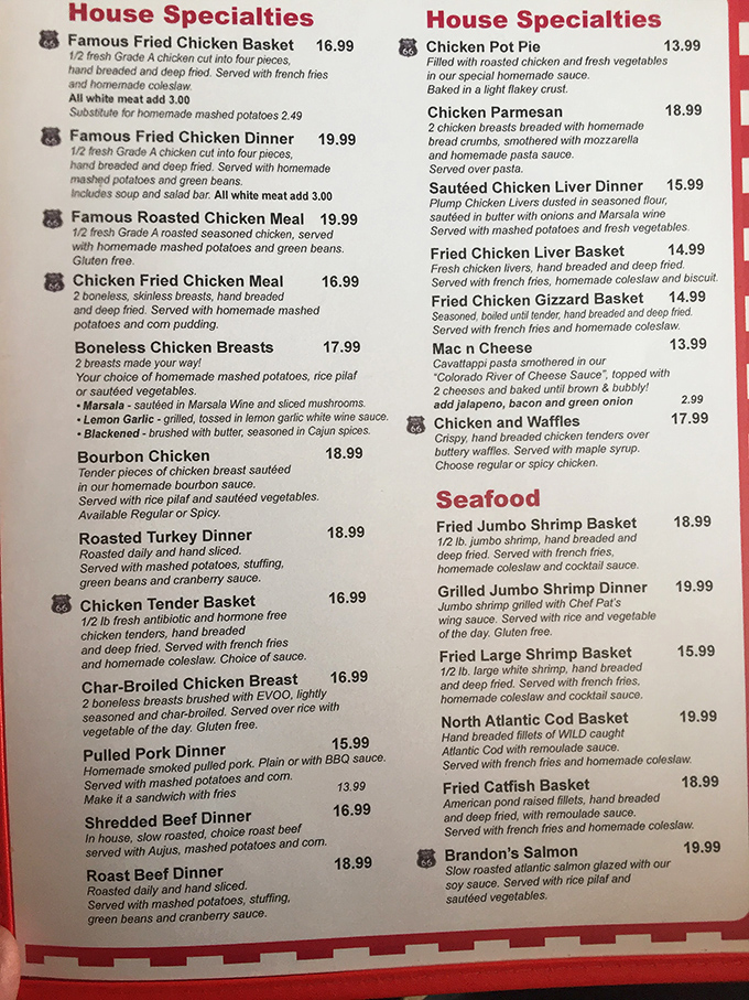 Menu or treasure map? Each item promises a delicious adventure, with the Famous Fried Chicken Basket leading the expedition.