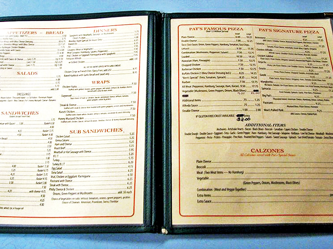 "Decisions, decisions... Pat's menu is a treasure map of deliciousness!" From classic pies to creative concoctions, this menu is a choose-your-own pizza adventure.