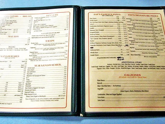 "Decisions, decisions... Pat's menu is a treasure map of deliciousness!" From classic pies to creative concoctions, this menu is a choose-your-own pizza adventure.
