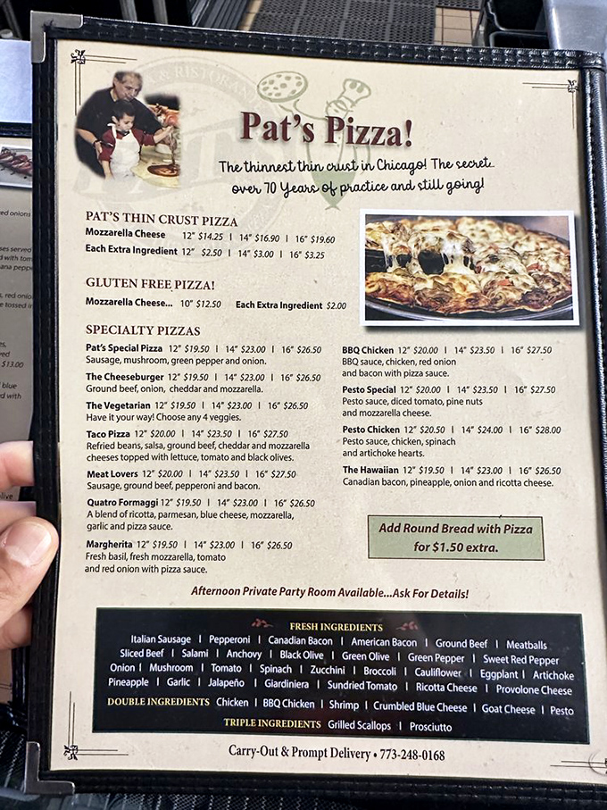 A menu that's seen more action than a Chicago Cubs playbook. Pat's offerings are a delicious trip through seven decades of pizza mastery.