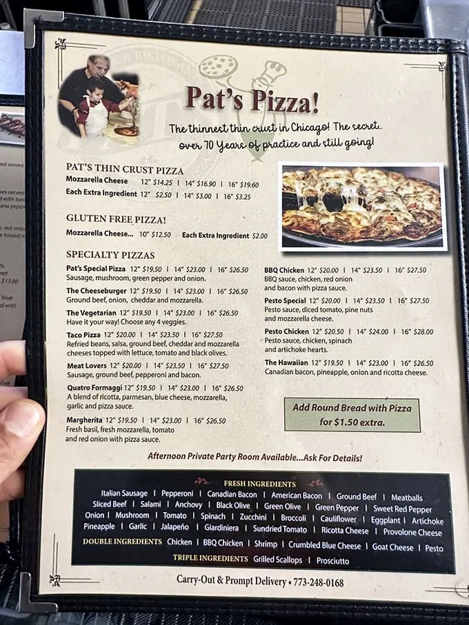 A menu that's seen more action than a Chicago Cubs playbook. Pat's offerings are a delicious trip through seven decades of pizza mastery.