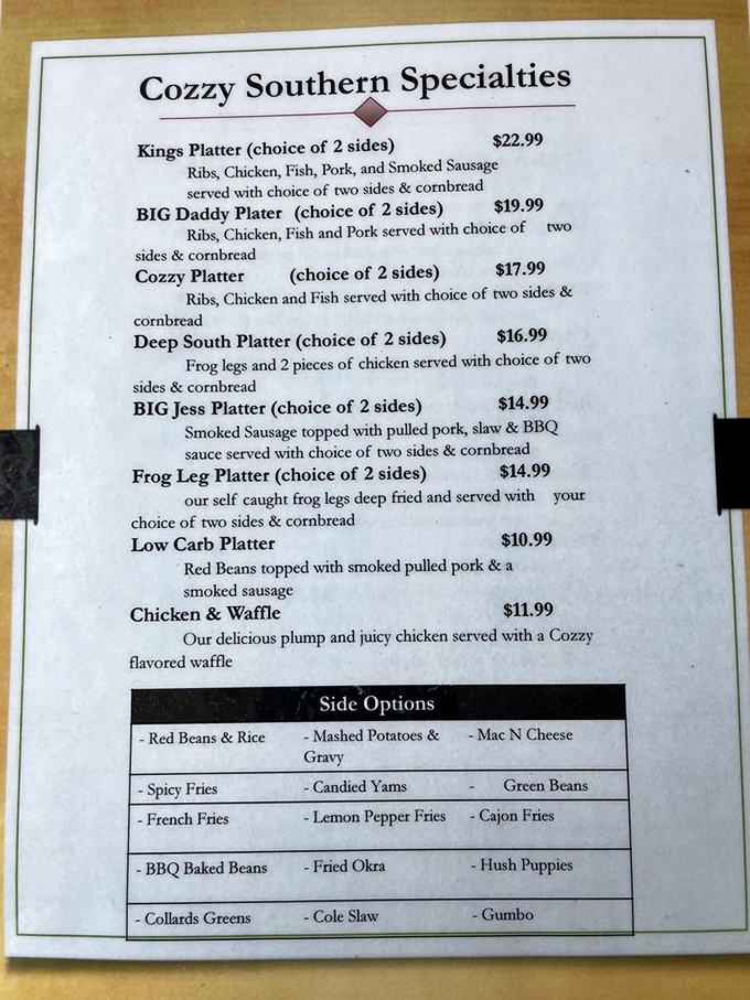 Decisions, decisions! This menu is like a greatest hits album of Southern cuisine. Better come hungry!