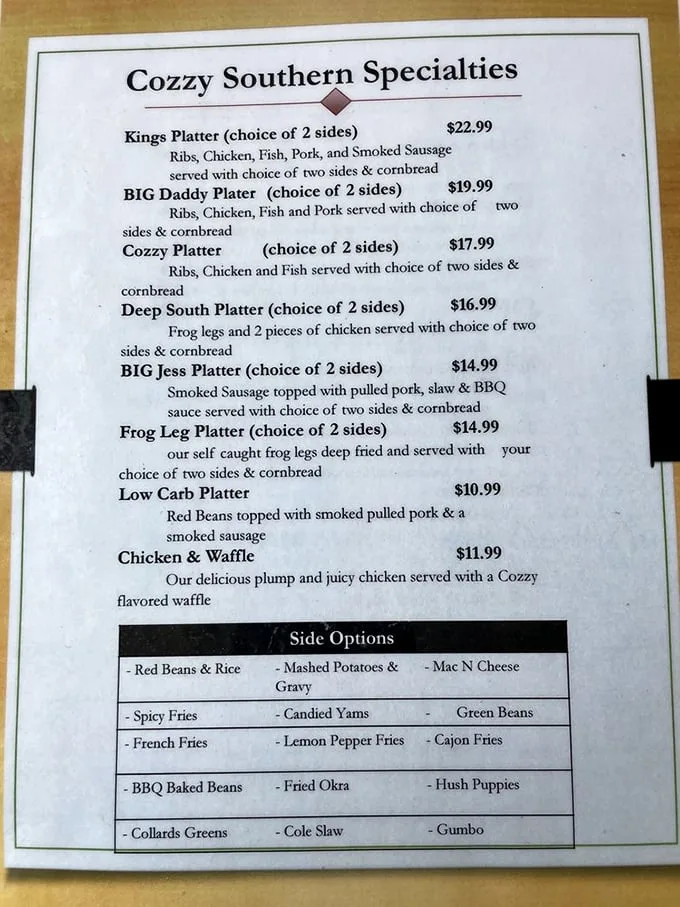 Decisions, decisions! This menu is like a greatest hits album of Southern cuisine. Better come hungry!