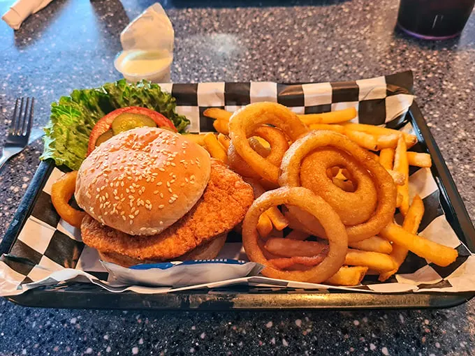 Houston, we have a problem – this chicken sandwich looks too good to eat! Crispy, juicy, and served with a side of space-sized onion rings.