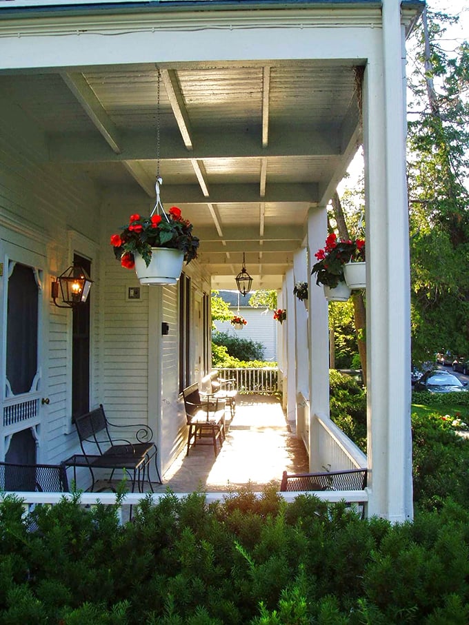 Porch perfection: Rocking chairs and hanging baskets create an idyllic spot to sip coffee, read a book, or perfect the art of doing absolutely nothing.