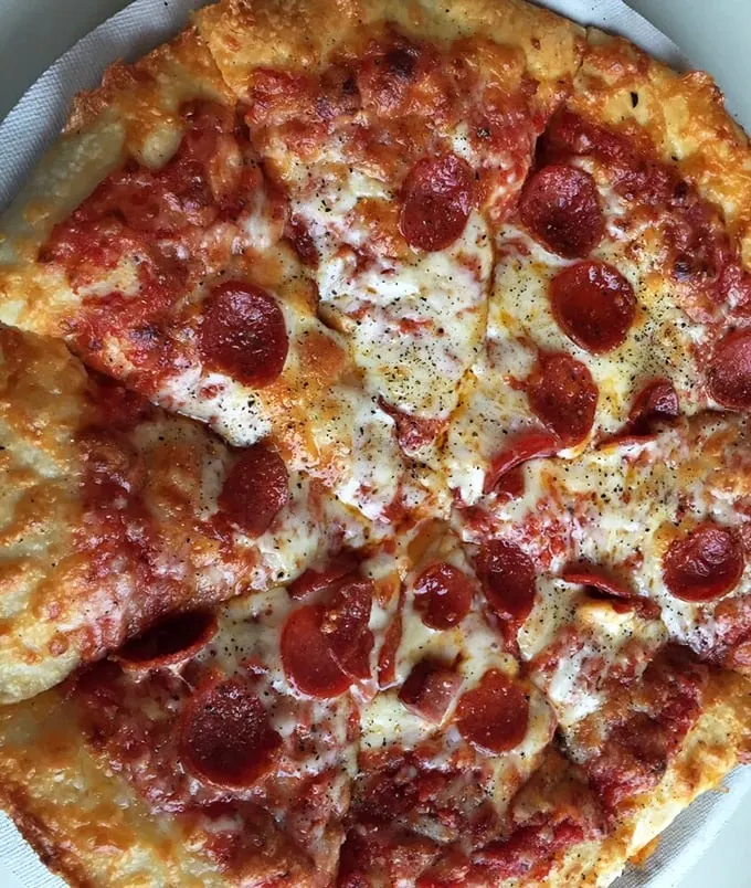 Pepperoni polka dots on a canvas of melted cheese. This pizza is so photogenic, it could have its own Instagram account.