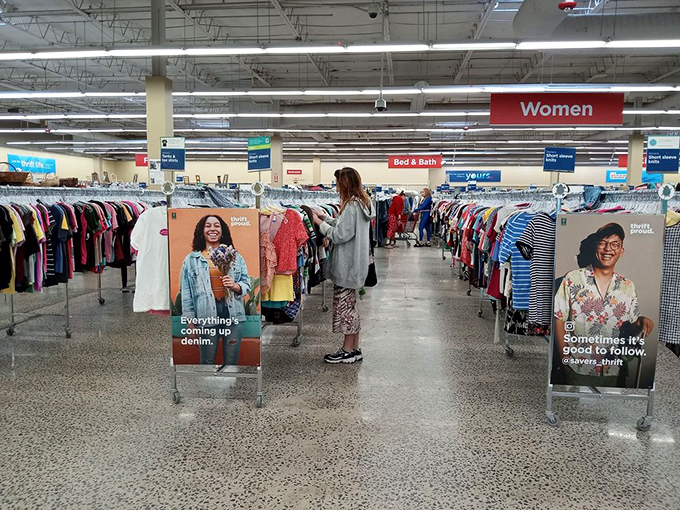 A fashionista's playground where vintage meets value. Rack after rack of potential outfit magic, waiting for its Cinderella moment.