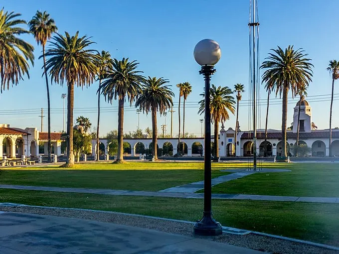 "Palm trees and arcades: Ajo's got game!" The town plaza looks like a Mediterranean vacation spot crashed into the Wild West. Indiana Jones meets Don Quixote in this architectural mash-up.