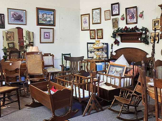 Rock-a-bye memories in the antique store. These vintage cribs have cradled generations of dreams—and probably a few future presidents.