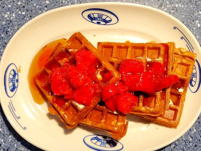 These waffles are so heavenly, they must have been beamed down from the breakfast planet. Topped with strawberries redder than the surface of Mars!