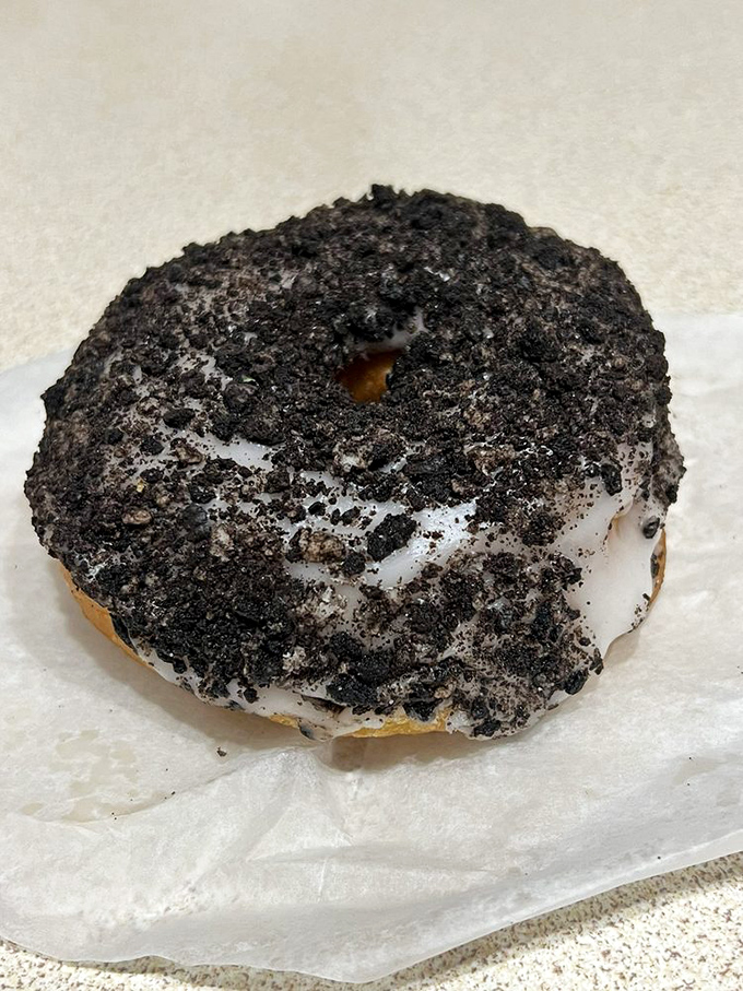 Cookies and cream dreams come true! This Oreo-inspired donut is the superhero of sweets, here to save your day one bite at a time.