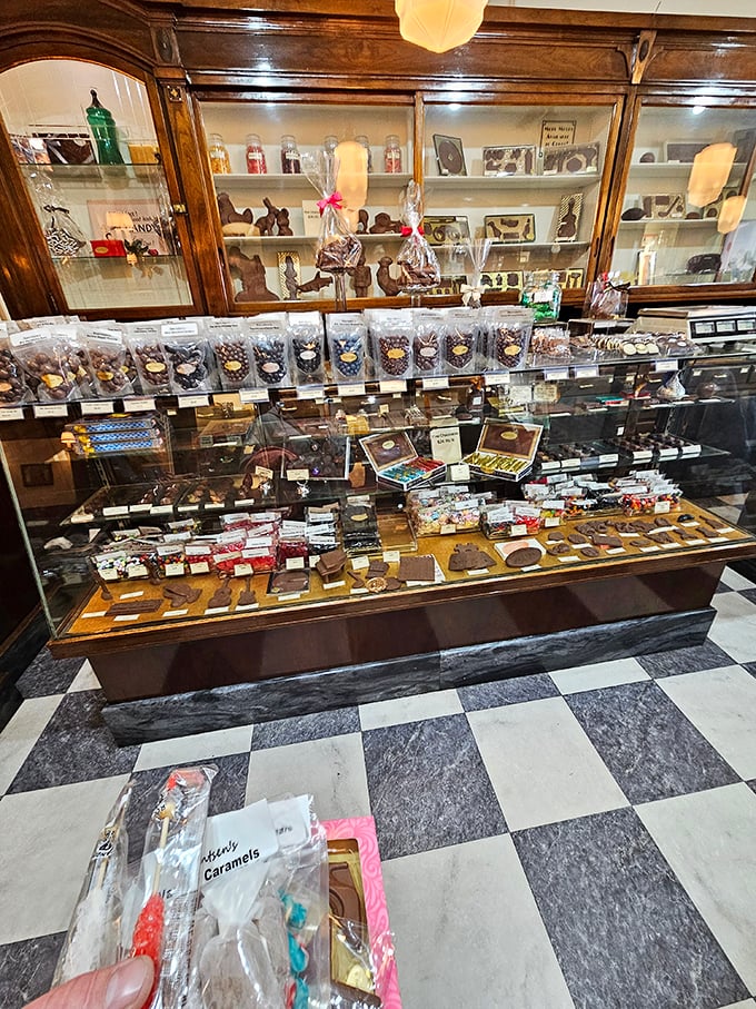 Chocolate lovers, prepare to swoon! This display case is basically Cupid's arsenal, armed with cocoa-covered delights that'll make your heart skip a beat.