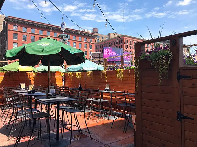Sunshine, cold brews, and urban views. Gluek's outdoor seating area is like a European vacation, minus the jet lag and passport stamps.