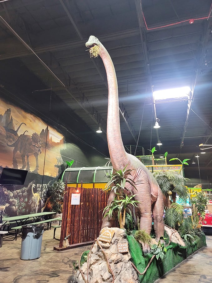 "That's one big pile of…" awesome! This towering dino gives new meaning to the phrase "long in the tooth," serving up sky-high thrills for visitors.