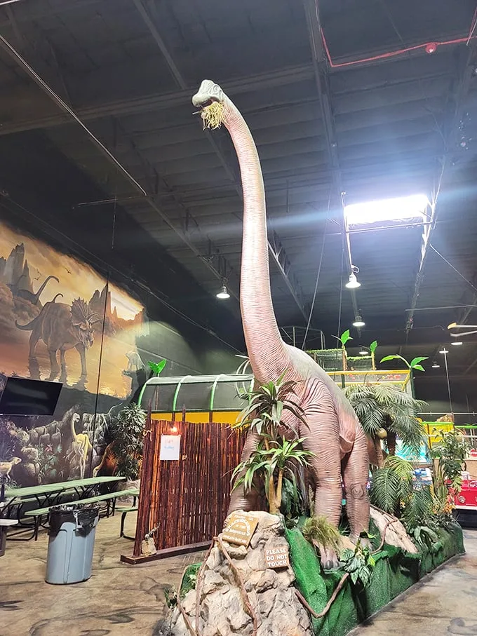 "That's one big pile of…" awesome! This towering dino gives new meaning to the phrase "long in the tooth," serving up sky-high thrills for visitors.
