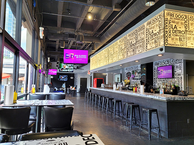 Sports bar meets gourmet hot dog haven! Buffalo's chic interior sets the stage for wiener wizardry that'll make your taste buds cheer.