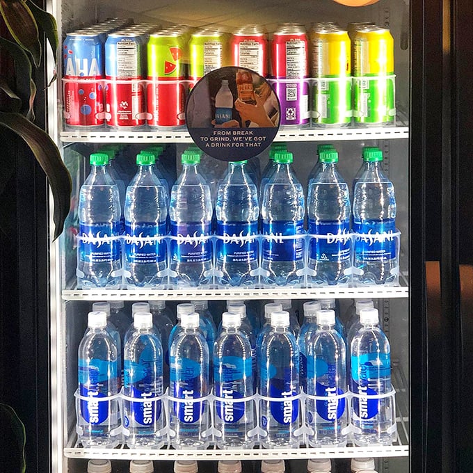 Thirsty? This drink fridge is stocked like a rainbow of refreshment. Choose your weapon against pizza-induced dehydration!
