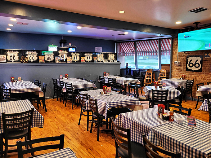 Where every table tells a story! This dining area is like a time machine with better upholstery and tastier pit stops.