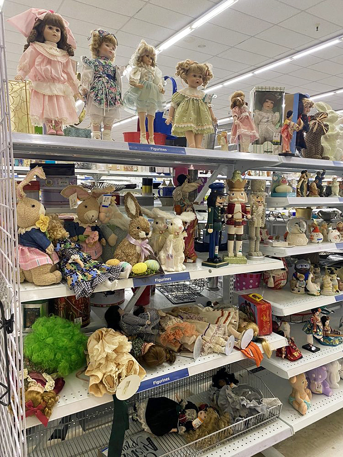 Welcome to the Island of Misfit Toys! This eclectic collection of dolls and figurines is equal parts charming and slightly unsettling. It's a nostalgic trip down memory lane.
