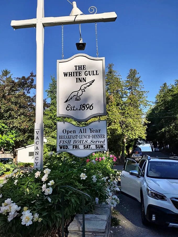 A sign of good things to come: The White Gull Inn's iconic sign promises year-round hospitality and those famous fish boils.