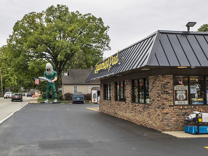 The "Launching Pad" – where you can fuel up your car and your stomach. Just don't mix up the gas pump with the ketchup dispenser!