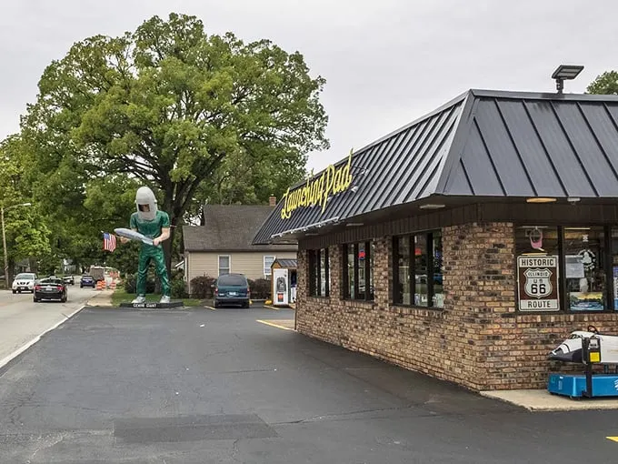 The "Launching Pad" – where you can fuel up your car and your stomach. Just don't mix up the gas pump with the ketchup dispenser!