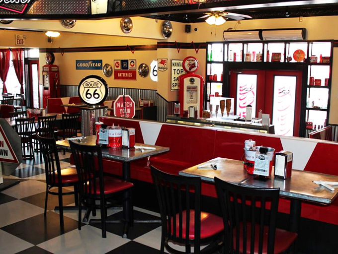 Diner décor that's more authentic than my high school girlfriend's excuses. Every nook and cranny screams "America!" louder than a bald eagle at a fireworks show.