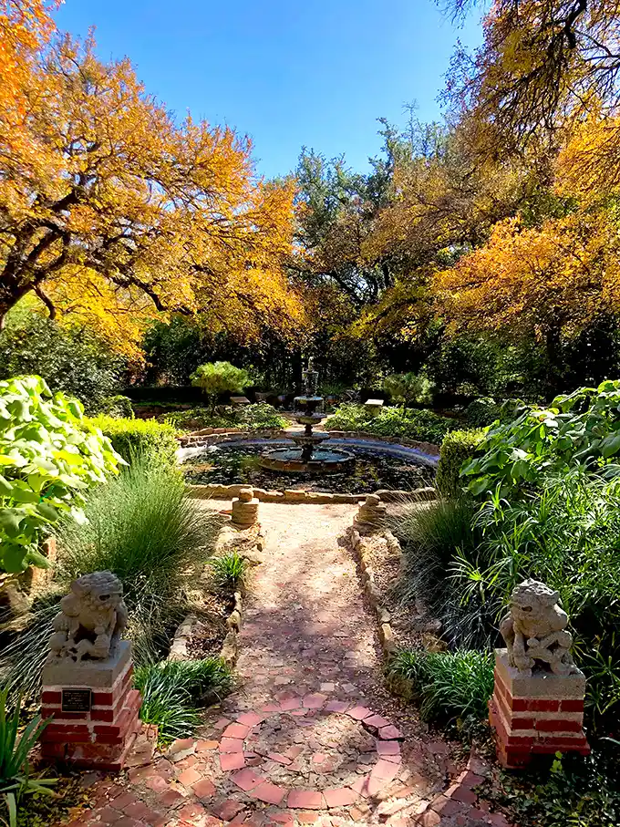 Step into a dreamscape of colorful autumn hues and soothing water sounds—this charming garden path feels like a step back in time. Peaceful, yet full of life, it's perfect for a moment of reflection.