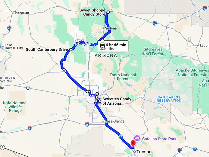 arizona candy shops trip map