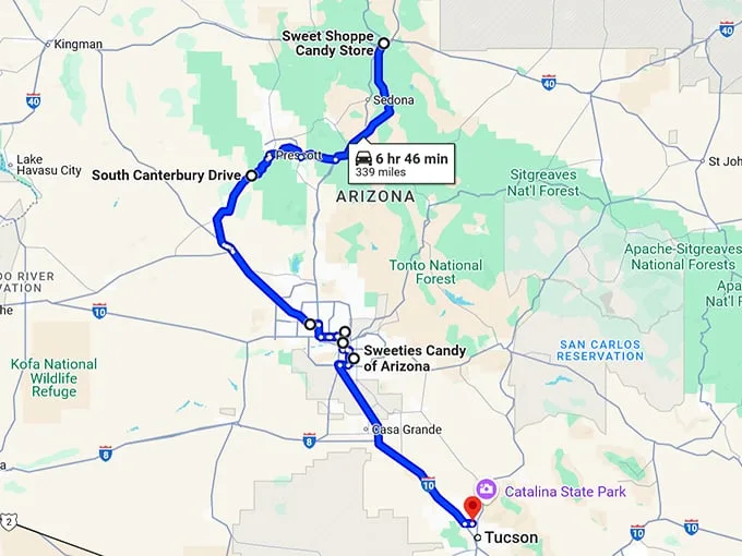 arizona candy stores trip map