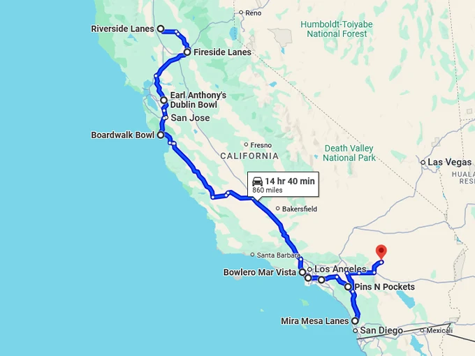 bowling alleys trip california map
